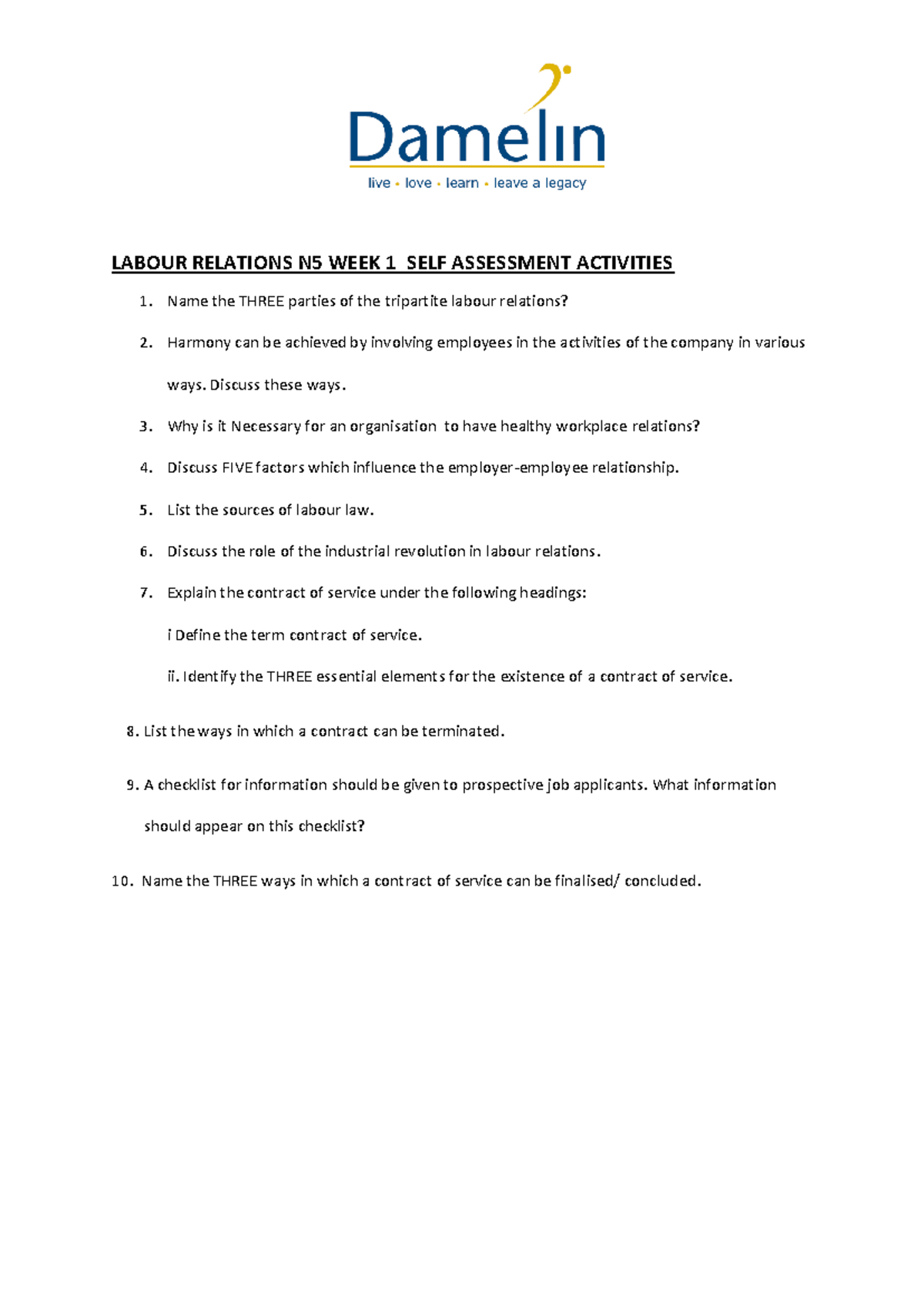 Week 1 Activities - LABOUR RELATIONS N5 WEEK 1 SELF ASSESSMENT ...