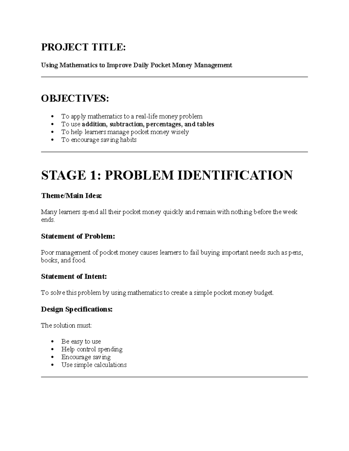 Mathematics Project: Enhancing Pocket Money Management - Studocu
