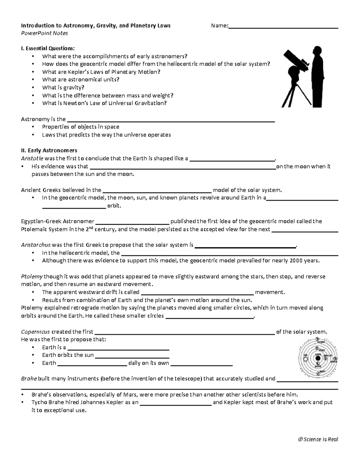 Astronomy Planetary Laws and Gravity Power Point Lesson Student Handout ...