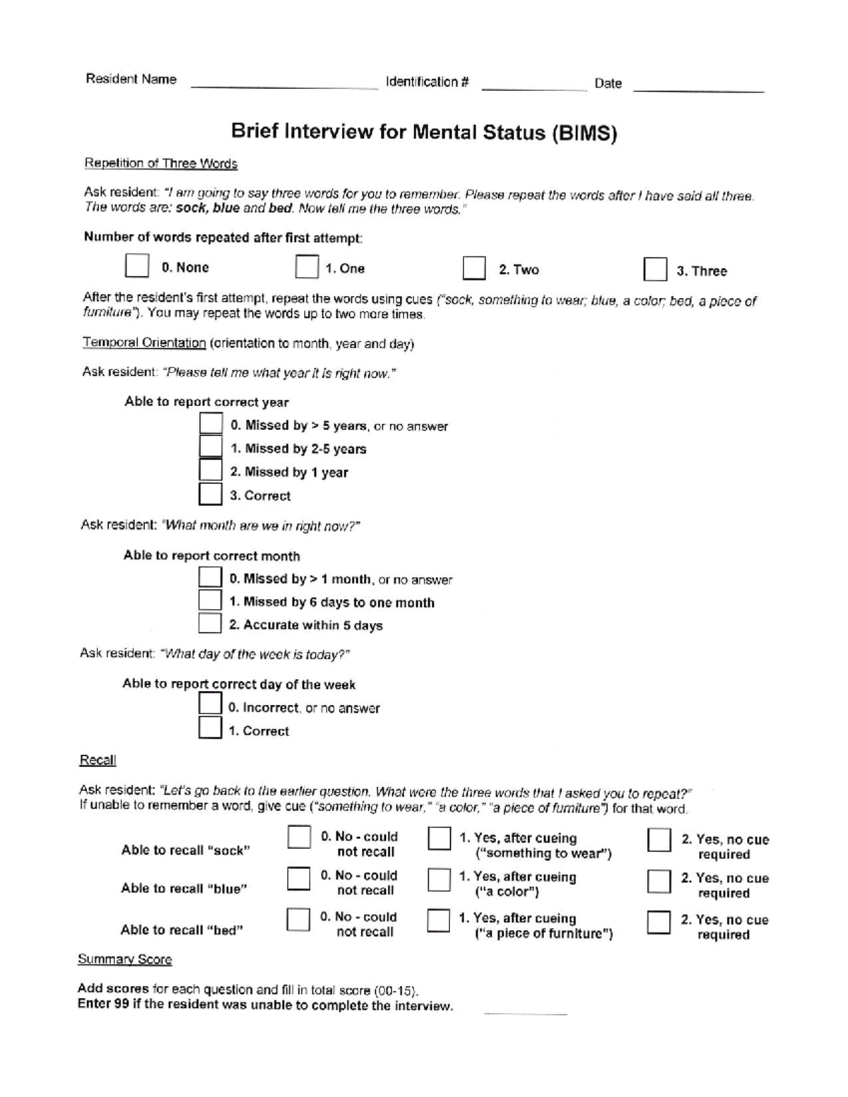 BIMS: Resident Mental Status Brief Interview Guidance and Scoring - Studocu
