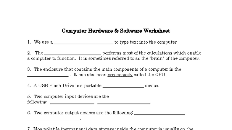 Computer Hardware Worksheet 1: Key Components and Functions - Studocu