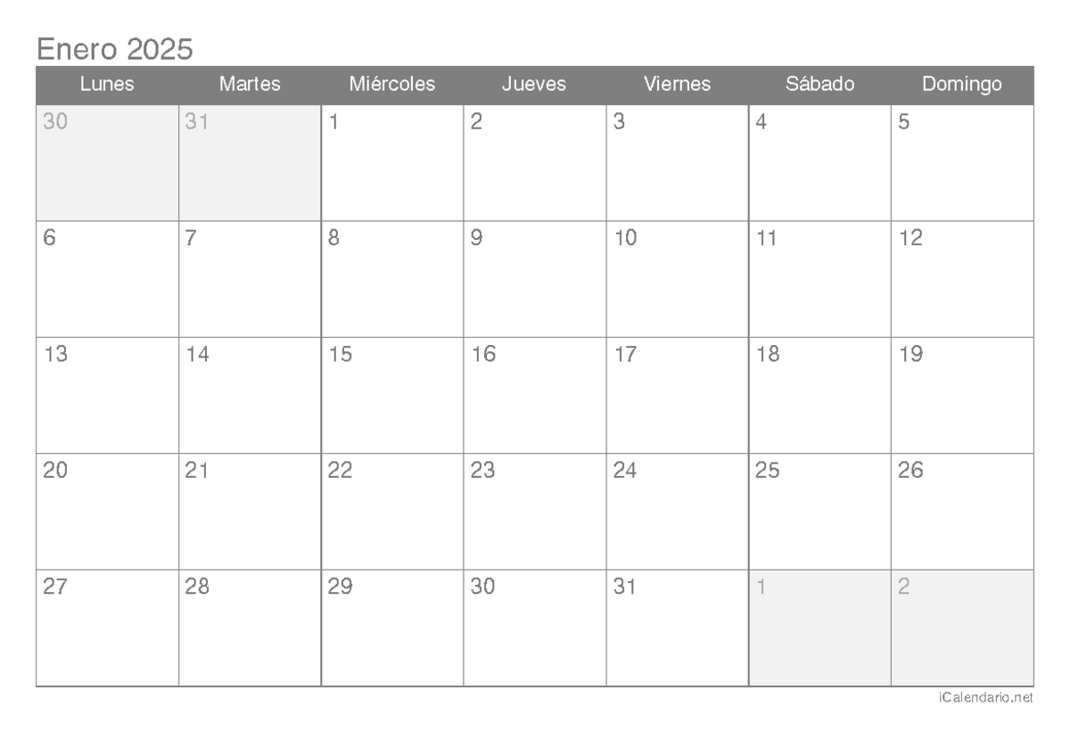 Calendario Mensual 2025: Estructura Semanal y Fechas - Studocu