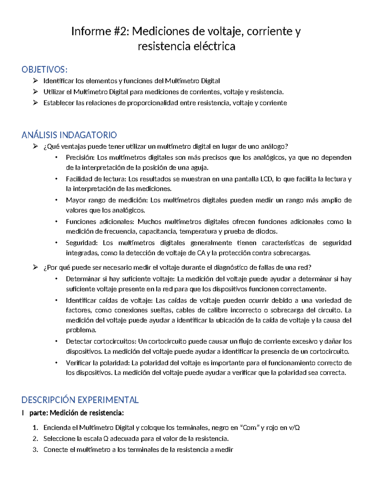 Informe De Lab N 2 Mediciones Eléctricas Con Multímetro Digital