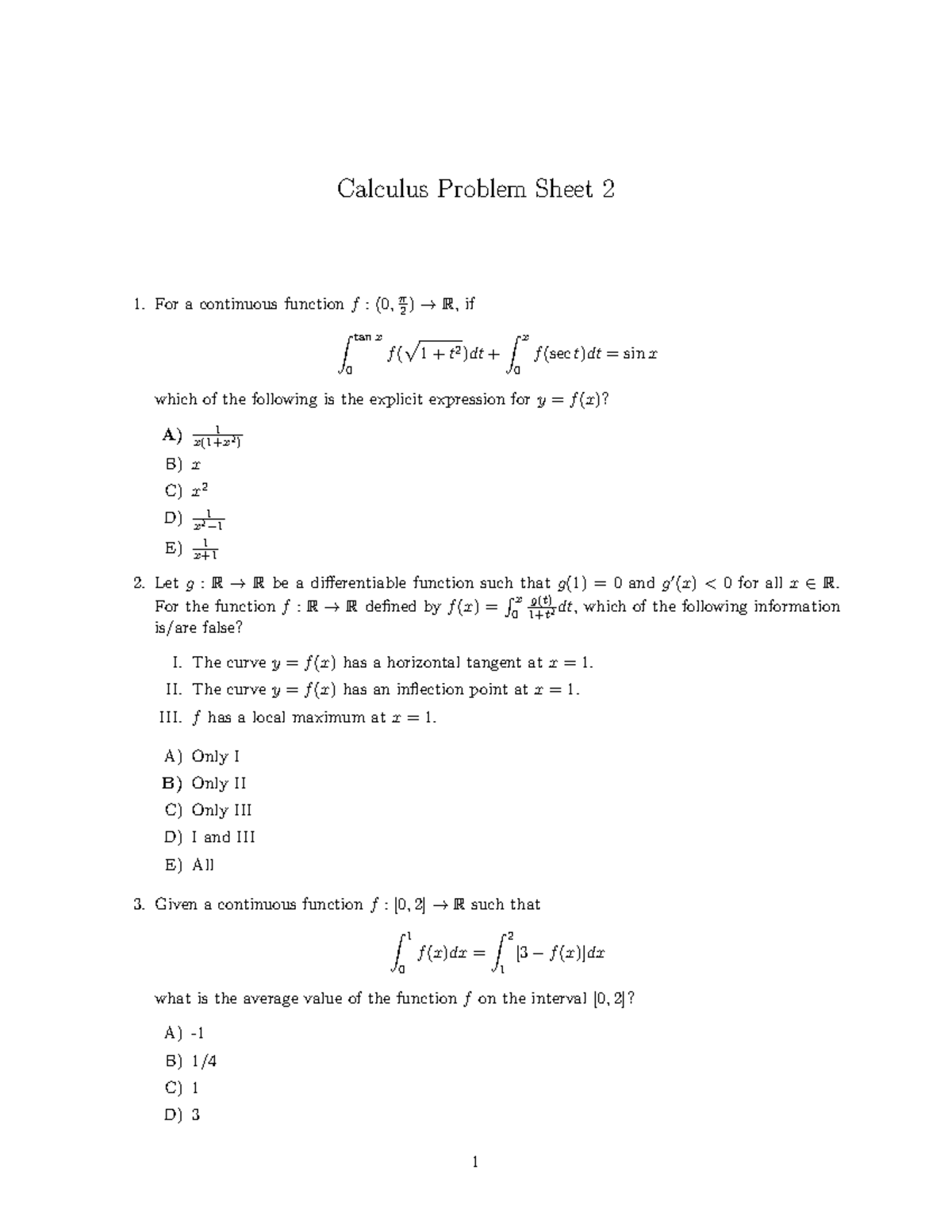 Calculus Problem Sheet 2 for Midterm 2 - Studocu