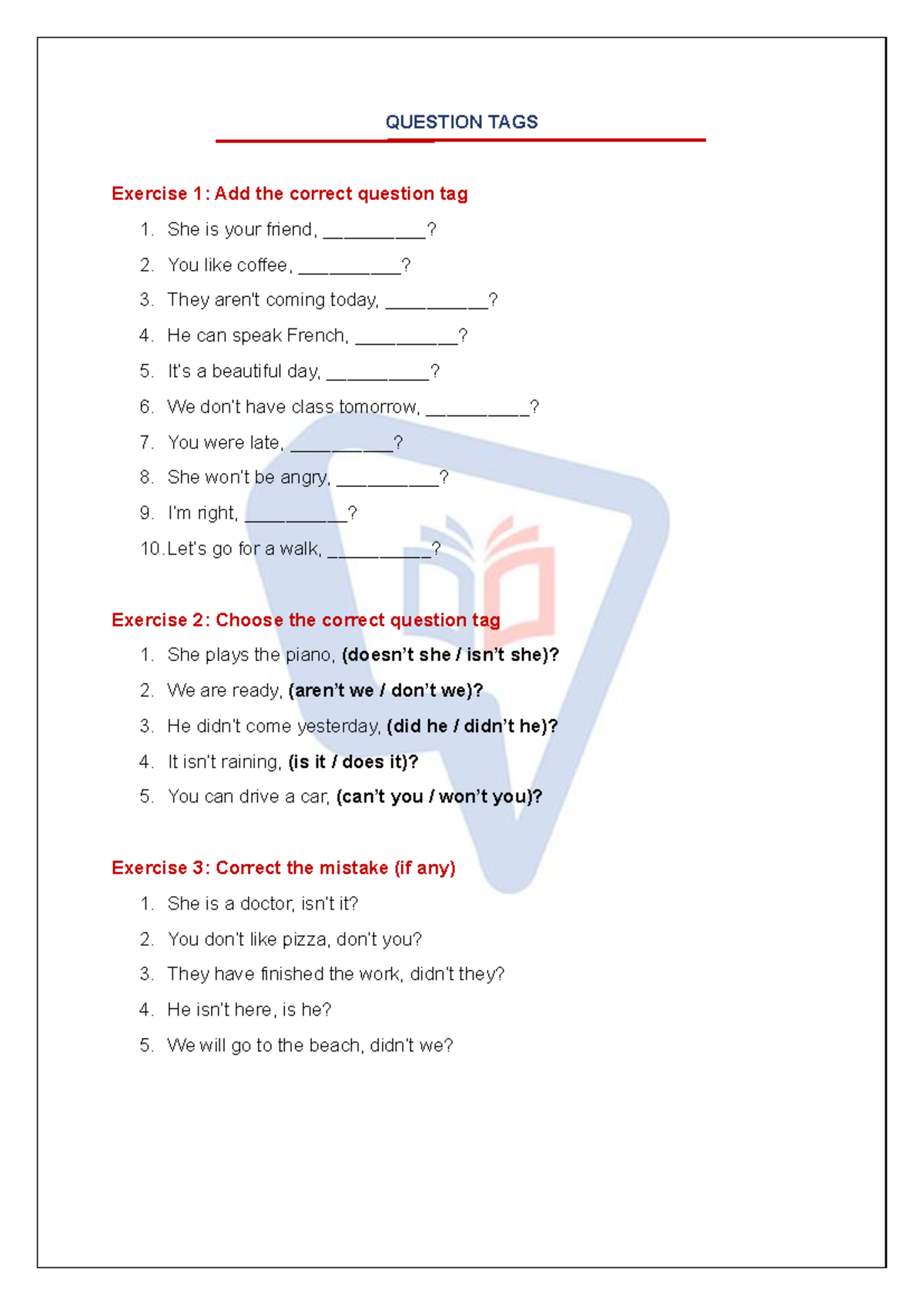 Worksheet - Question TAGS Exercise for English Grammar - Studocu