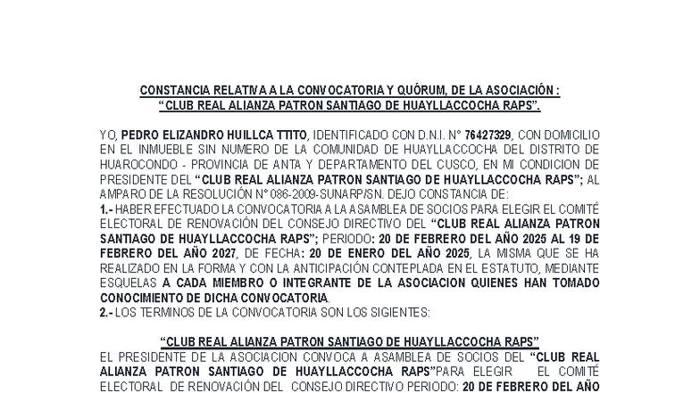 Constancia de Convocatoria y Quórum - Club RAPS 2025 - Studocu