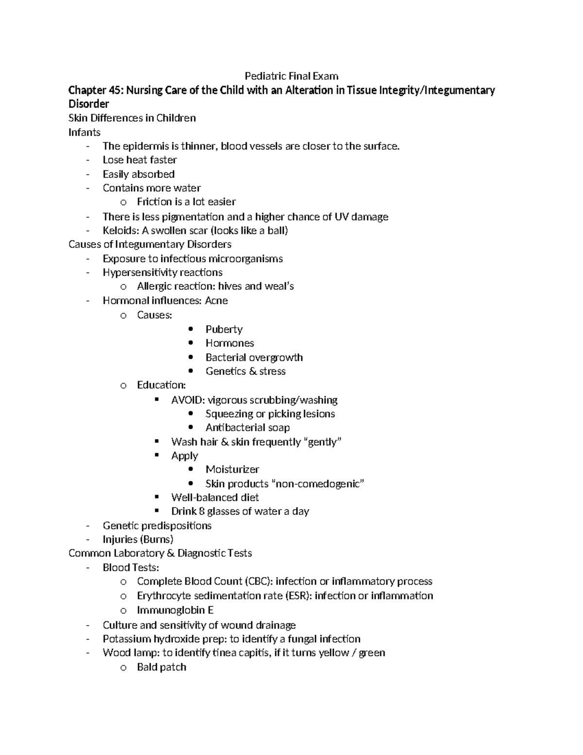 PEDS 2576 - Pediatric Final Exam Study Guide on Skin Disorders and Care ...