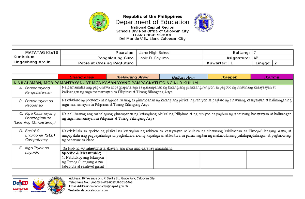 Q1-W2-AP-7-DLL-Matatag-SEL-Integrating Physical Geography in History ...