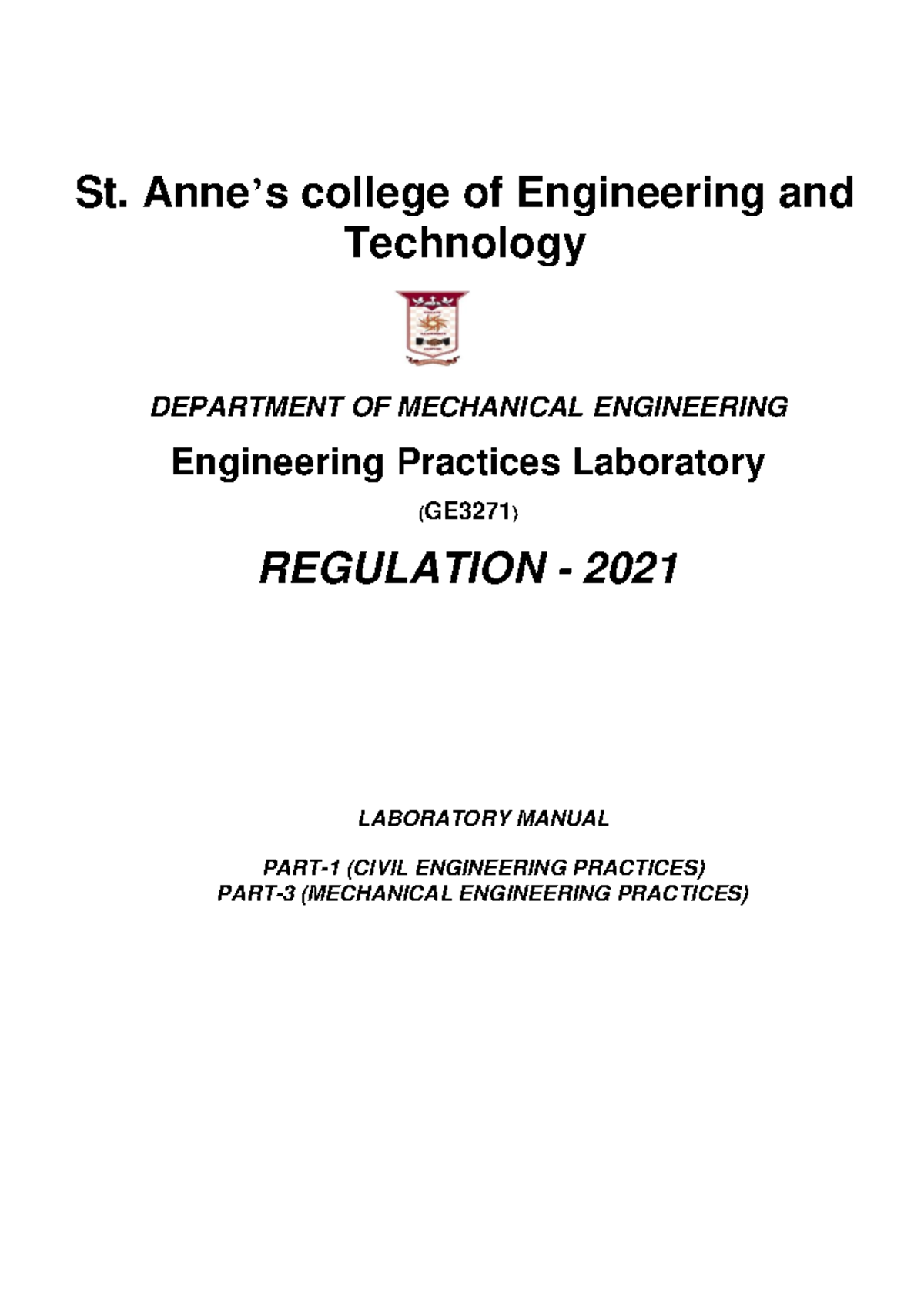 GE3271 - Engineering Practices Laboratory Manual: Welding & Machining - Studocu