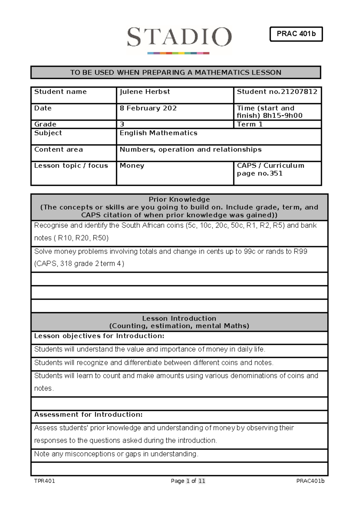 PRAC401b Money Lesson Plan for Grade 3 Mathematics Term 1 - Studocu