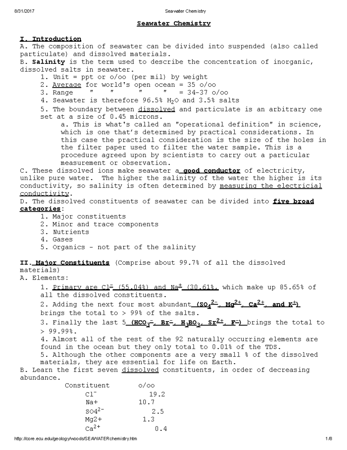 Seawater Chemistry - Introduction A. The composition of seawater can be ...