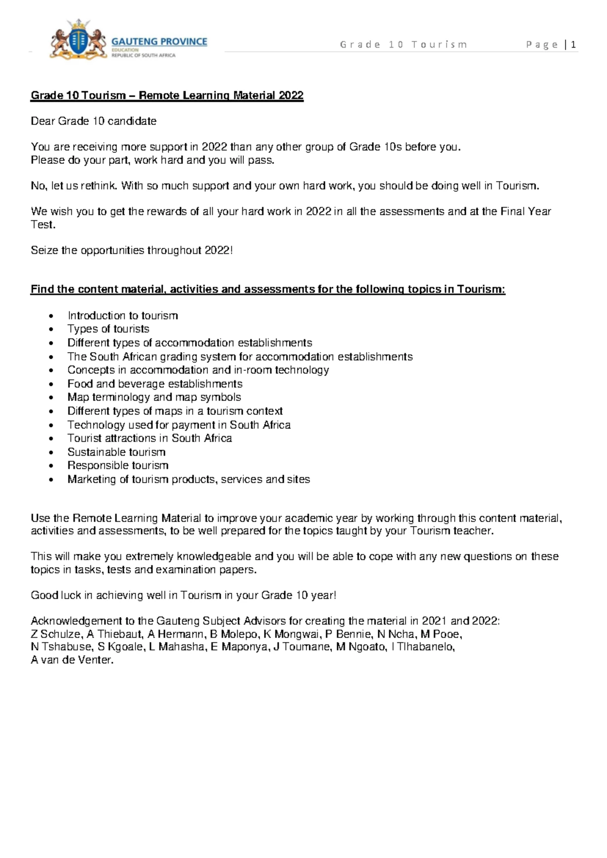 Tourism 2025 Work Schedule: Annual Teaching Plan for Grade 10 - Studocu