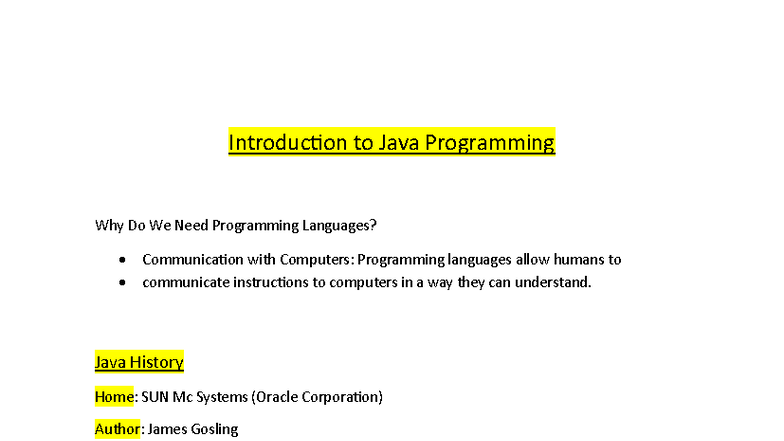 Java Programming Overview: Importance, History, and Concepts - Studocu
