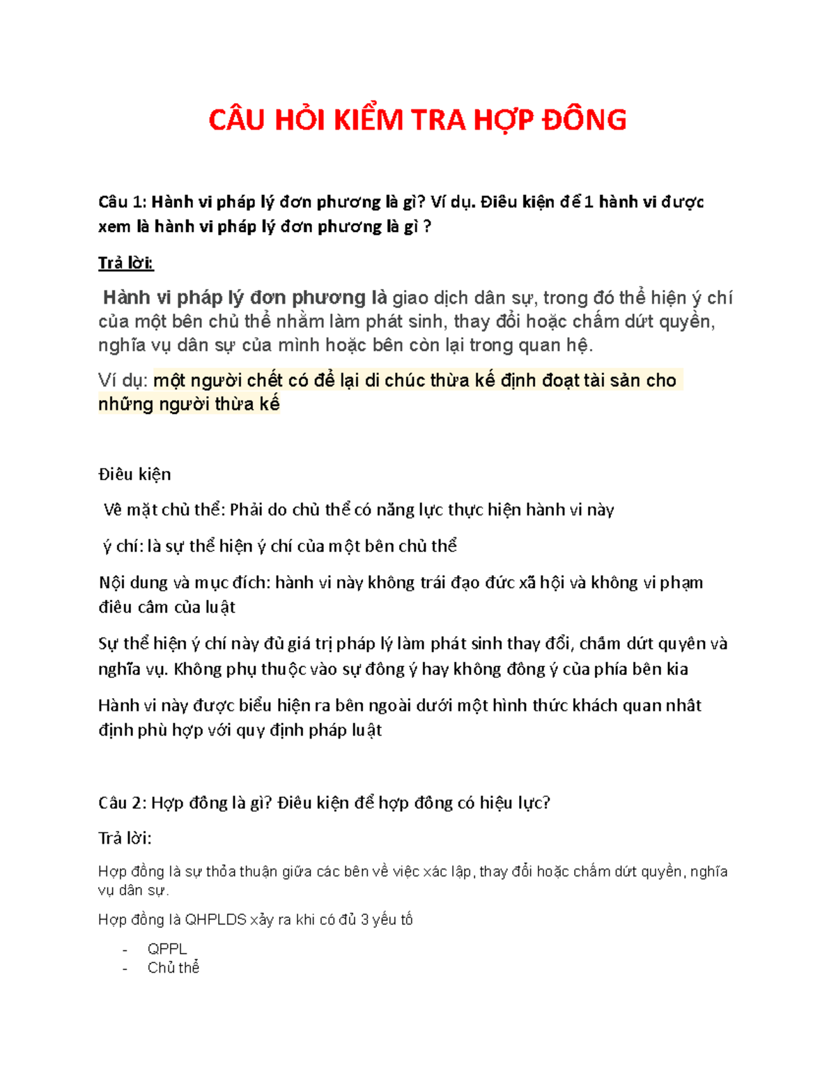 CÂU HỎI KIỂM TRA HỢP ĐỒNG - CÂU H I KI M TRA H P ĐỒỒNGỎ Ể Ợ Câu 1: Hành ...