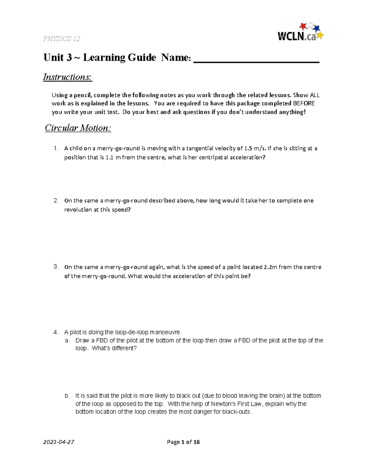 PHYSICS 12 Unit 3 Learning Guide: Circular Motion & Gravity Practice ...