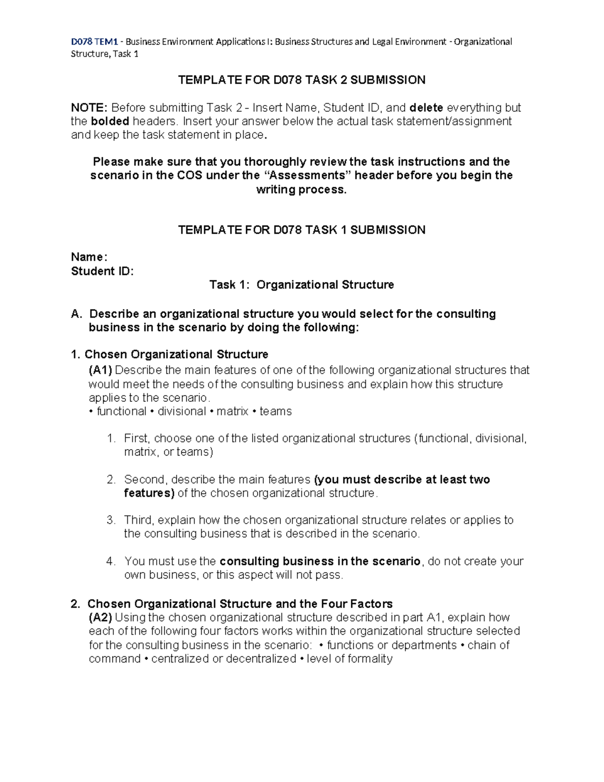 D078 - Task 1 Template - D078 TEM1 - Business Environment Applications ...