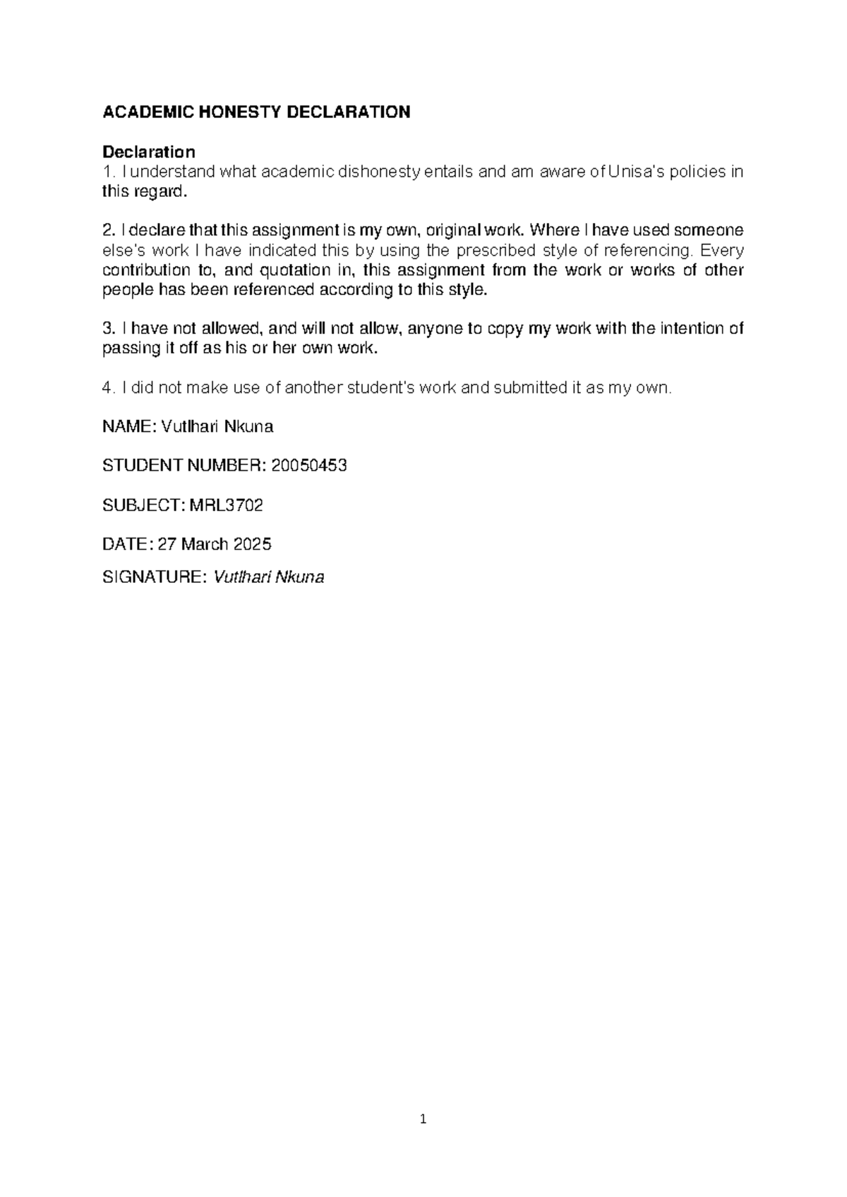 MRL3702 Assessment 1: Academic Honesty Declaration & Legal Opinion ...