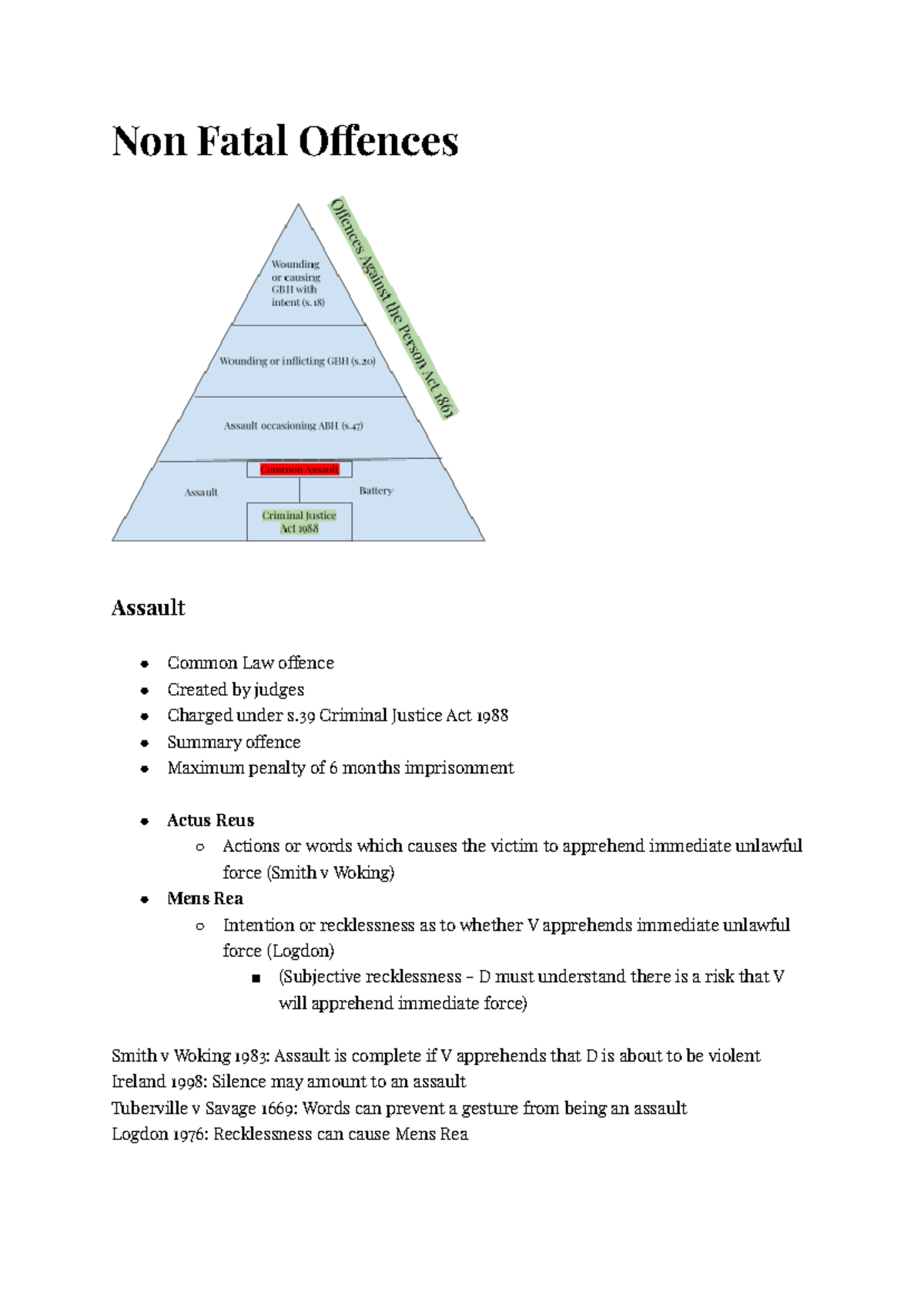 Non-Fatal Offences Overview and Key Concepts - Studocu