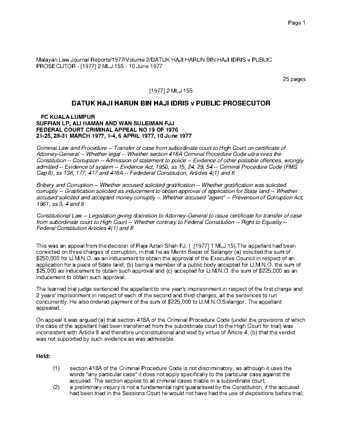 Datuk Haji Harun Bin Haji Idris v Public Prosecutor: 2 MLJ 155 Analysis ...
