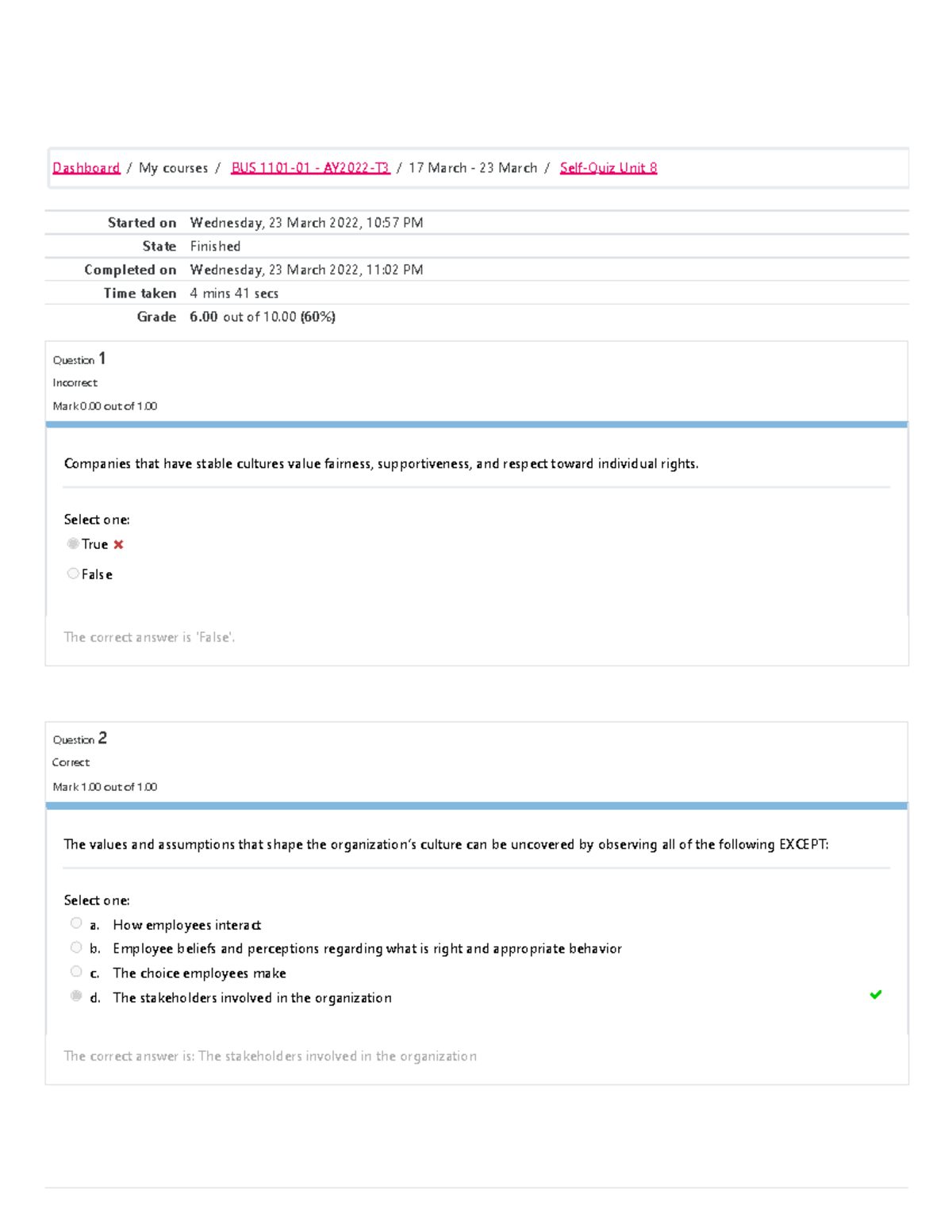 Self-Quiz Unit 8 Attempt review - Dashboard My courses BUS 17 March 23 ...