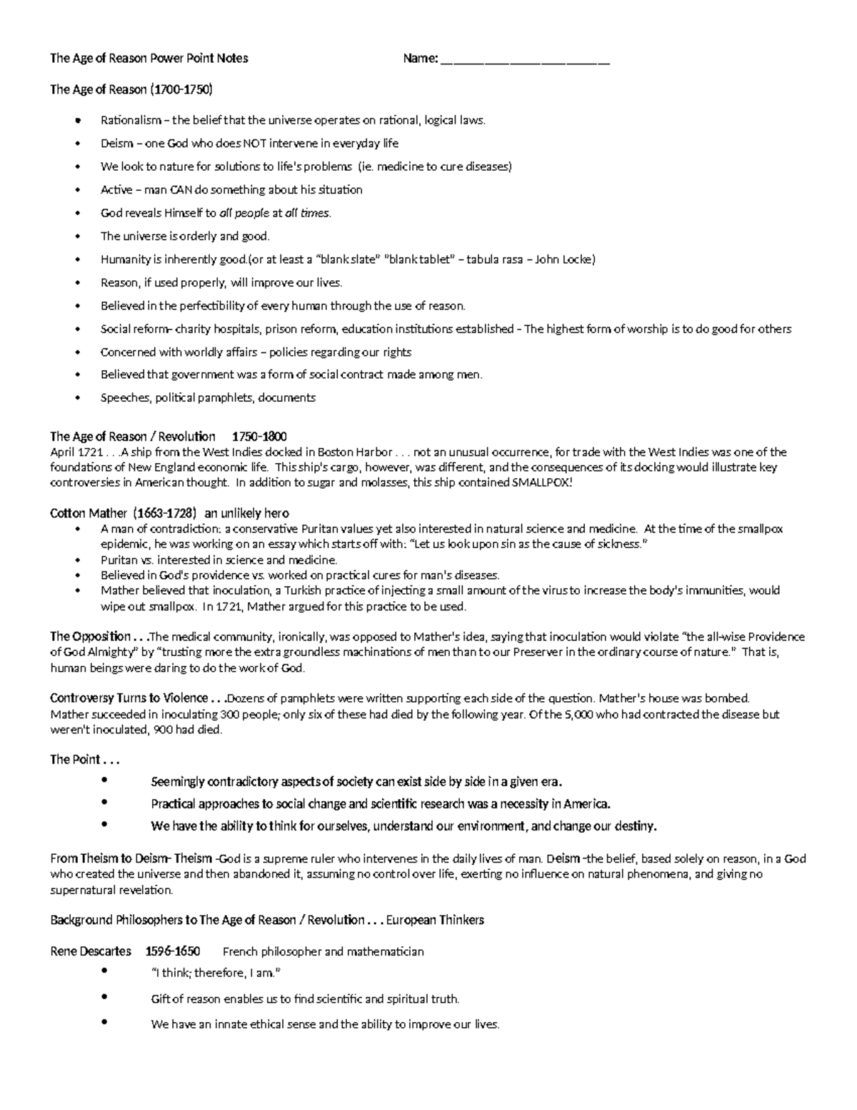The Age of Reason Notes '22 - The Age of Reason Power Point Notes Name