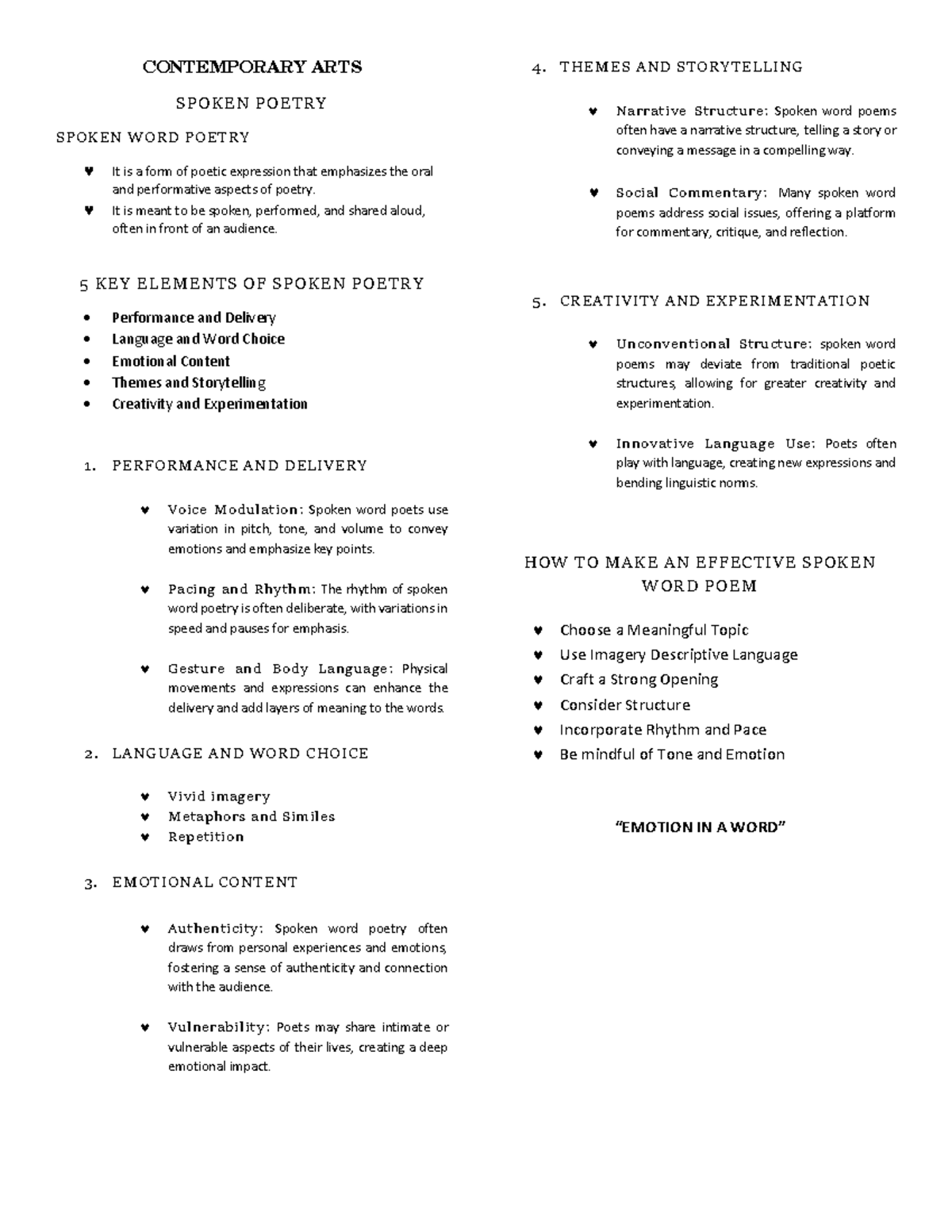 CONTEMPORARY ARTS 4: SPOKEN WORD POETRY THEMES & TECHNIQUES - Studocu