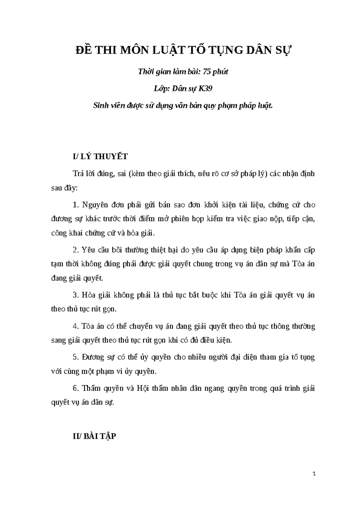 Để Thi Môn TTDS - Đề thi môn luật tố tụng dân sự - ĐỀ THI MÔN LUẬT TỐ ...