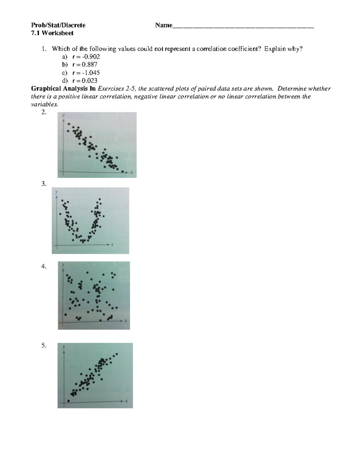 Worksheet on correlation - Prob/Stat/Discrete Name