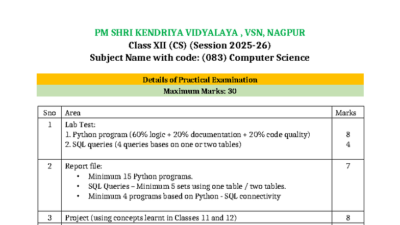 XII CS Practical Exam Guide 2024-25 (Code: 083) - Studocu