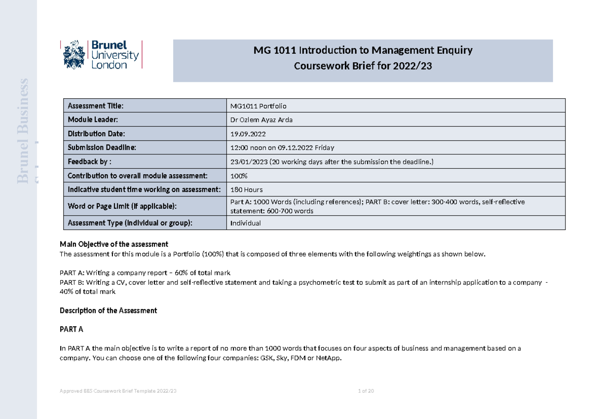 MG1011 Portfolio Coursework Brief for 2022 at Brunel Business School ...