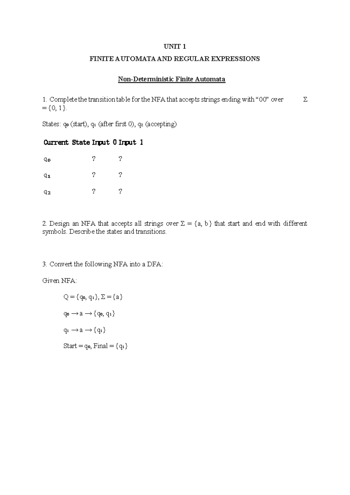 S3-1FLA - Practice qs - UNIT 1 FINITE AUTOMATA AND REGULAR EXPRESSIONS ...