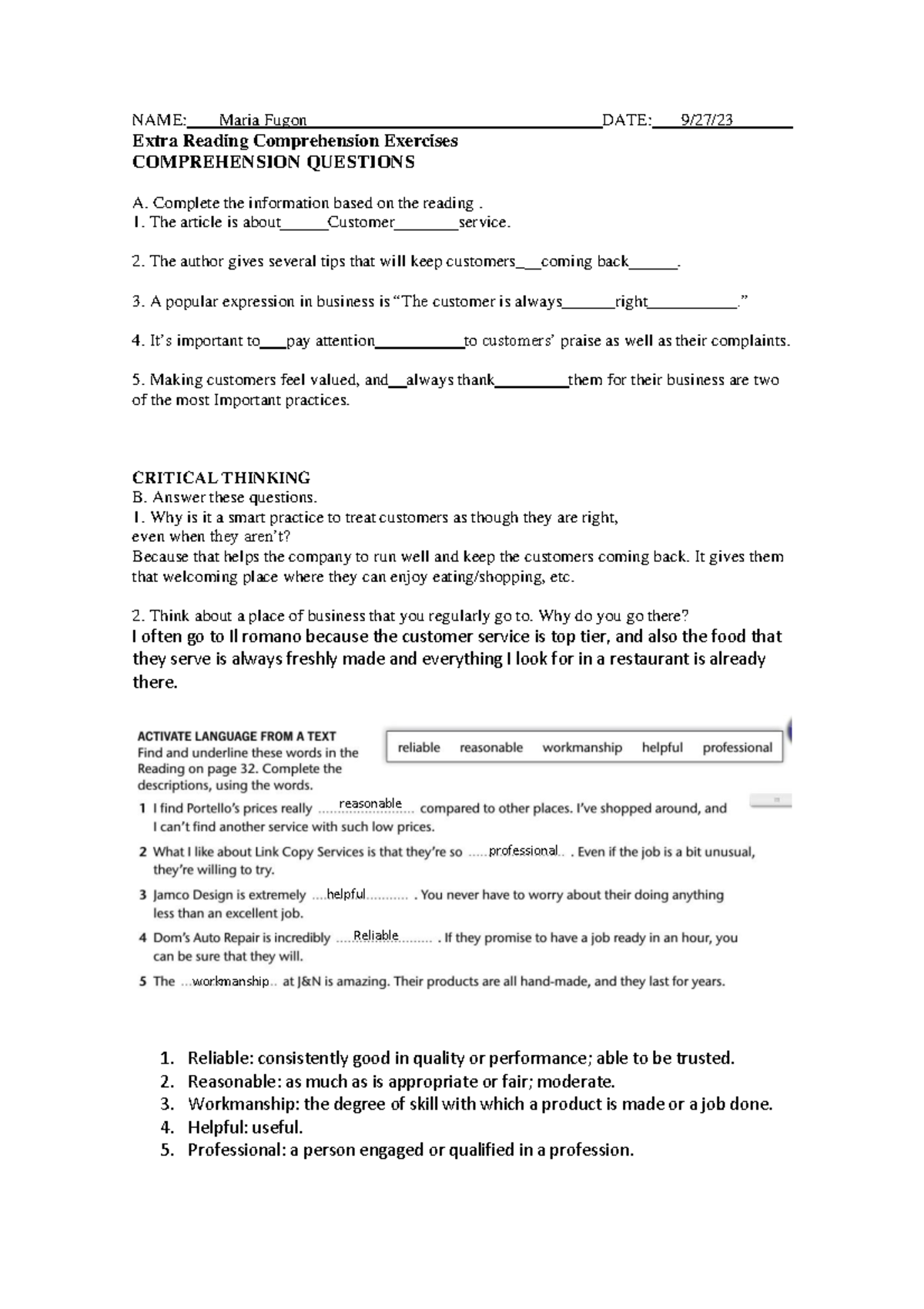 Unit 3 Reading Comprehension ale - reasonable professional helpful ...