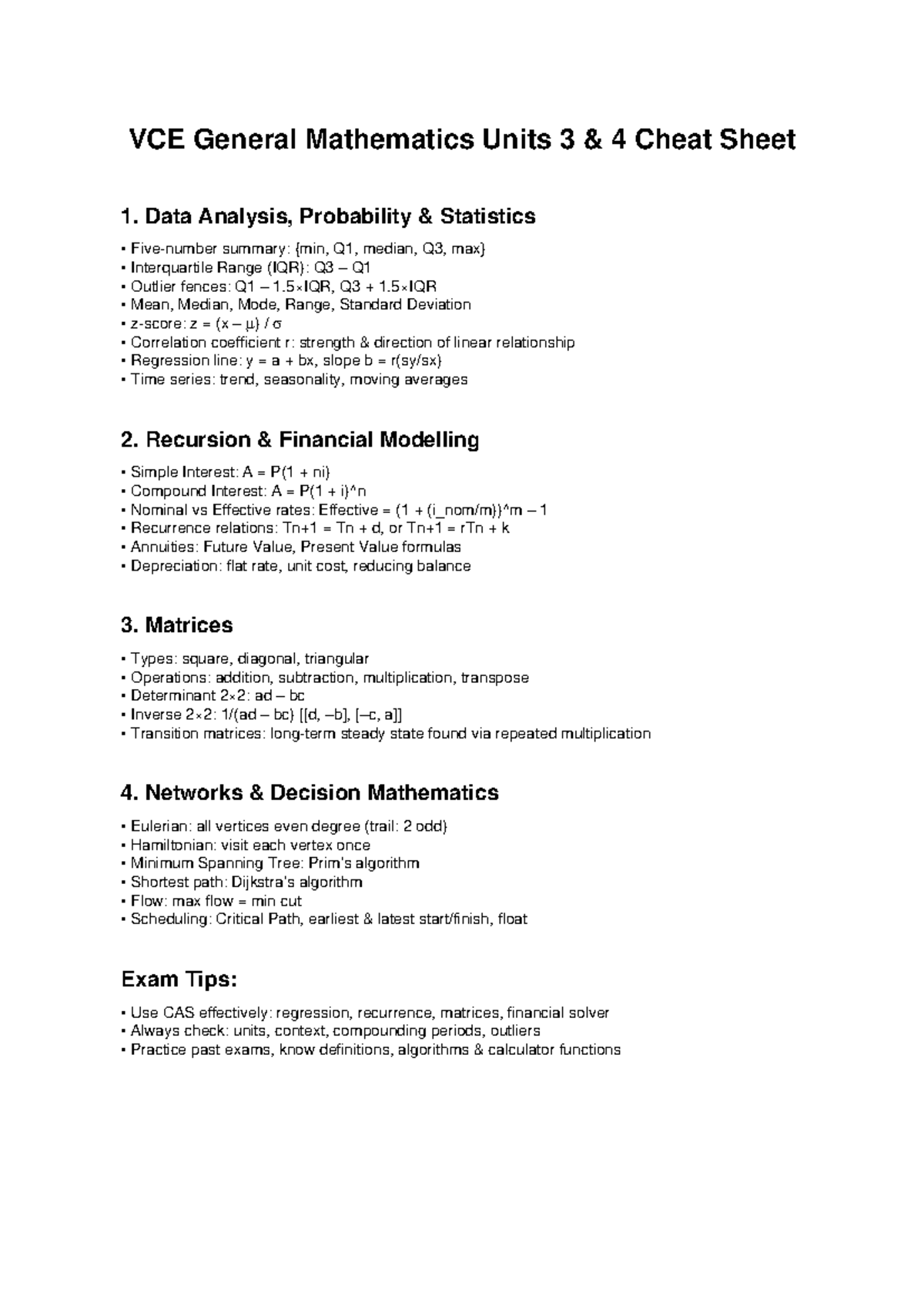 VCE General Maths Units 3 & 4 Cheat Sheet: Data Analysis & More - Studocu