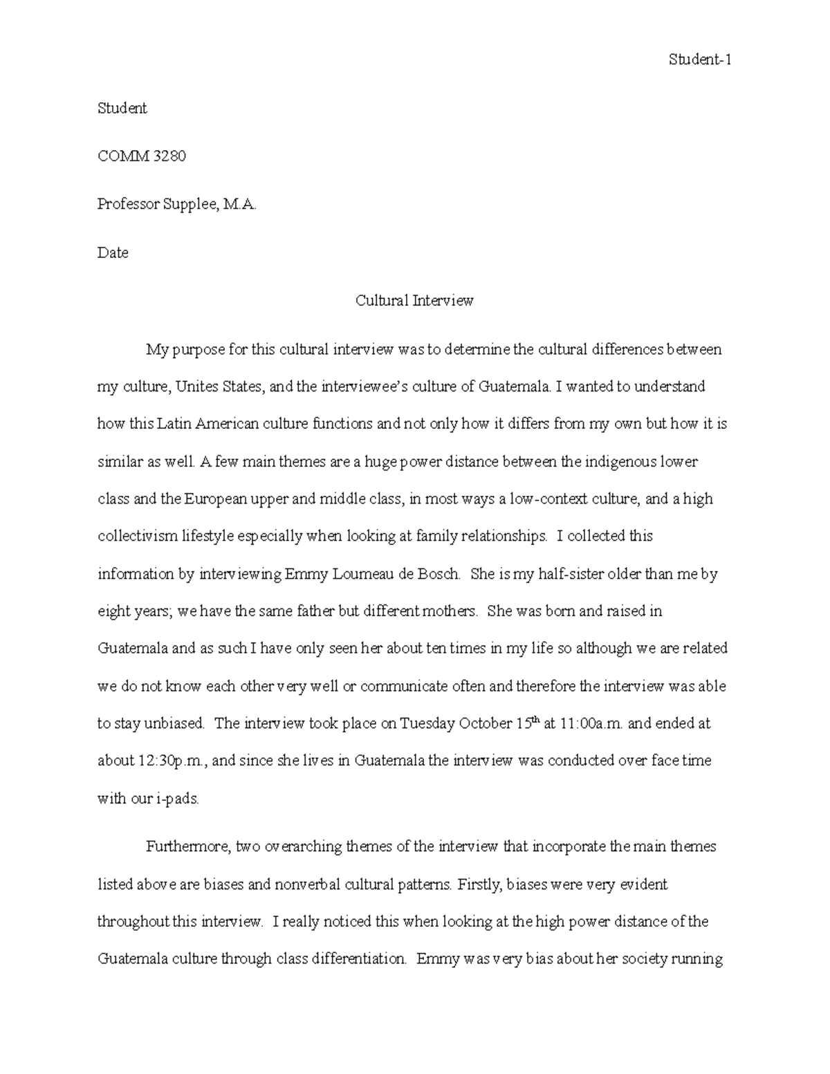 Cultural Interview Essay: Insights from COMM 3280 on Guatemala - Studocu