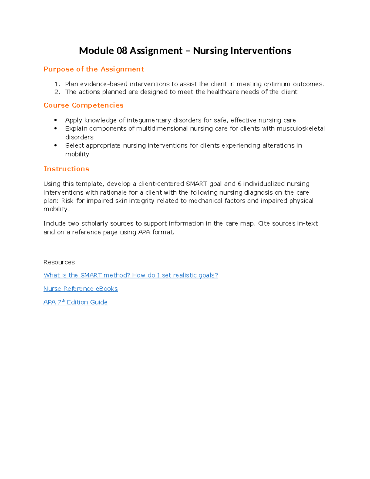 NUR 1124 Module 08 Assignment: Nursing Interventions Plan - Studocu