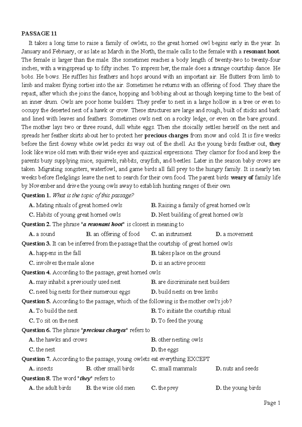 Passage 11 - Raising a Family of Great Horned Owls: Practice Test - Studocu