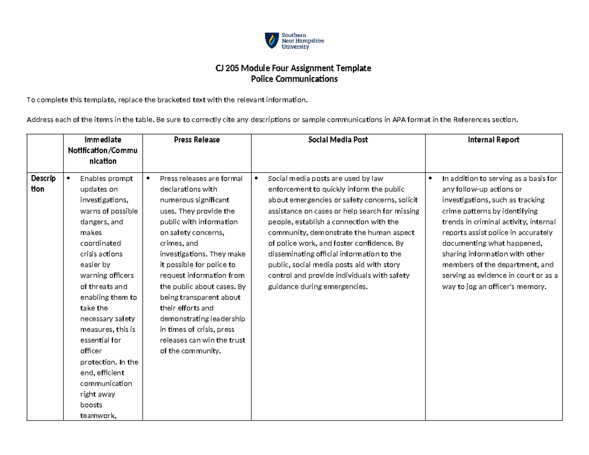 CJ 205 Module Four Assignment - Address each of the items in the table ...