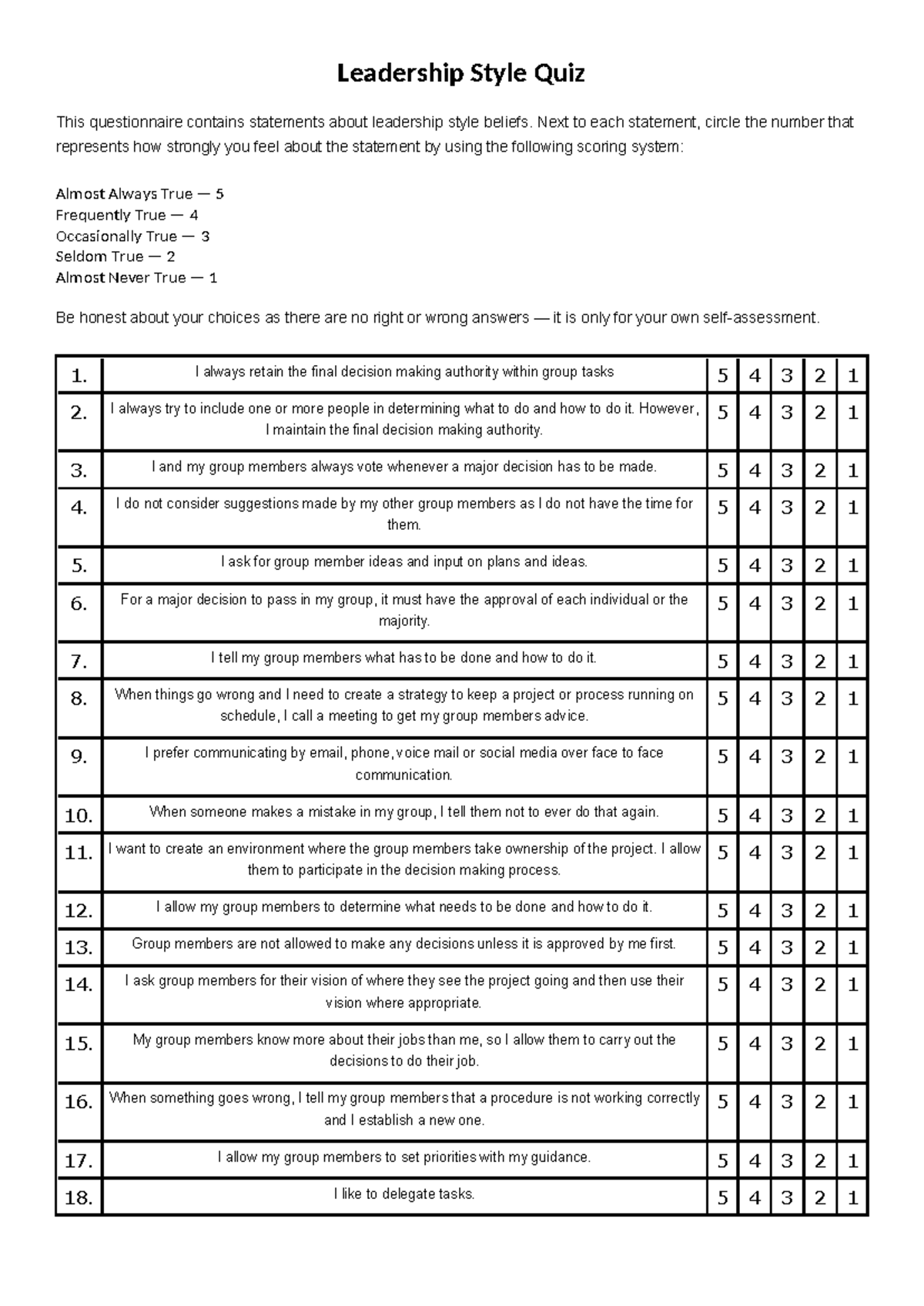 Leadership Quiz - Leadership Style Quiz This questionnaire contains ...