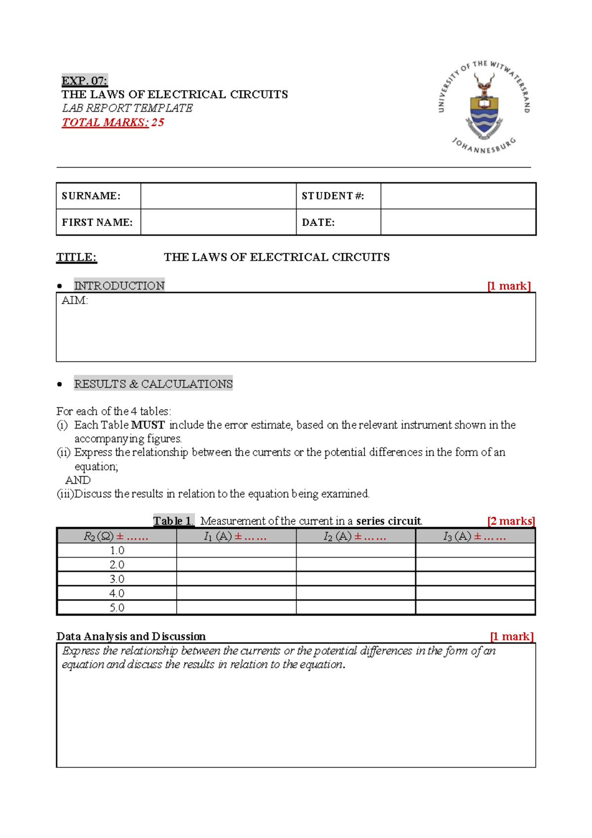 Exp. 07: Electrical Circuits Lab Report Template (Total Marks: 25) - Studocu