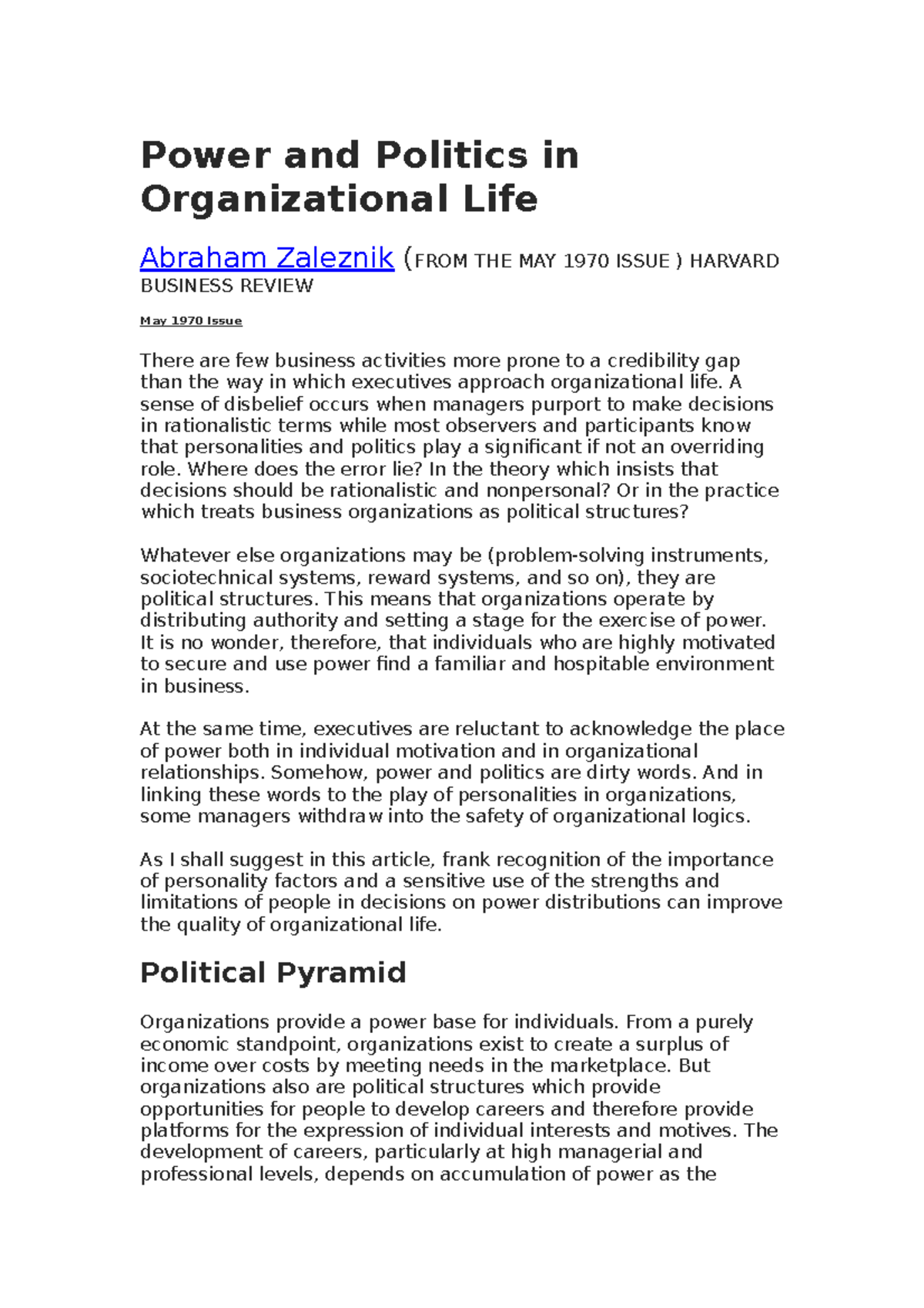 Power and Politics in Org Life - Abraham Zaleznik (HBR, May 1970) - Studocu