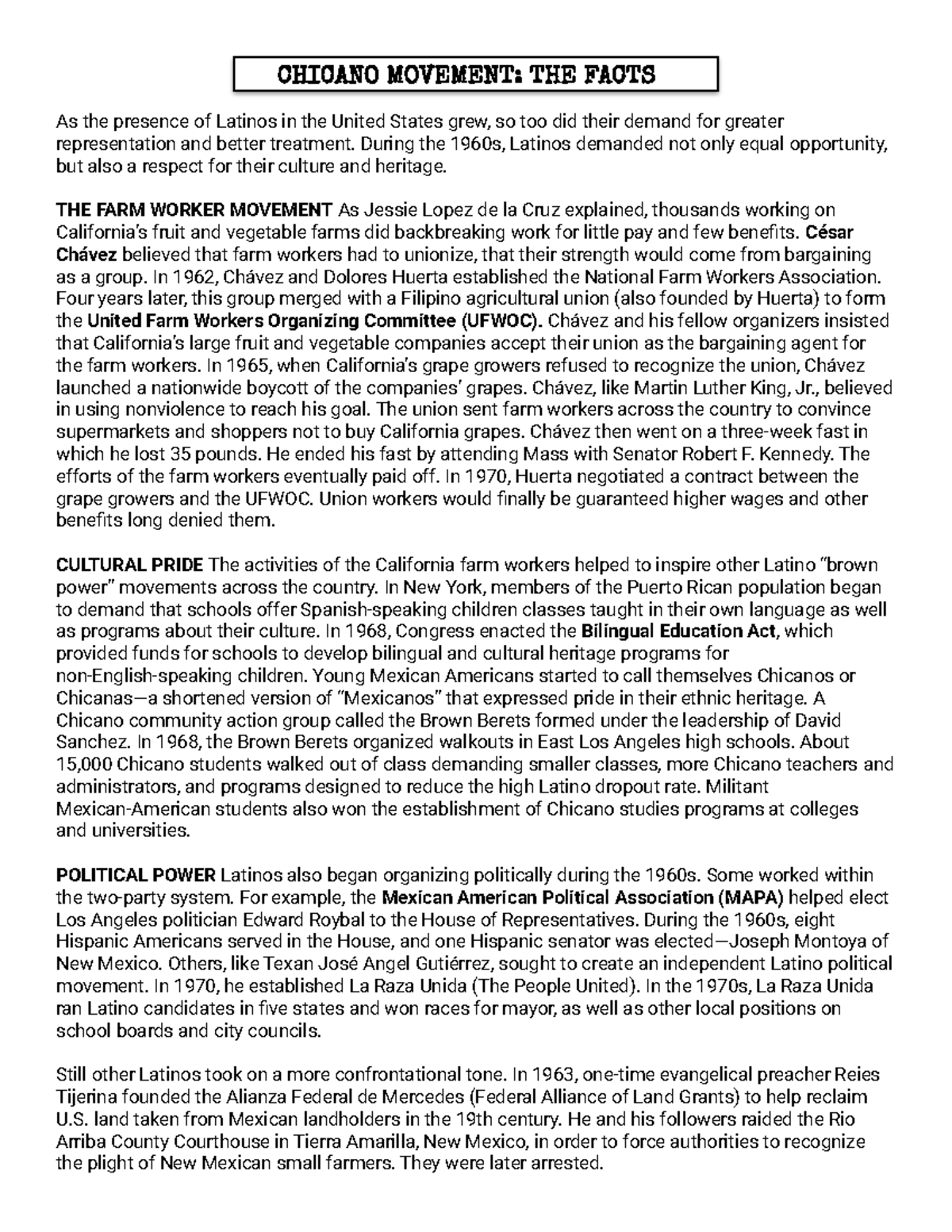 Social Movements 1960s - 1990s Learning Stations 1 - CHICANO MOVEMENT ...