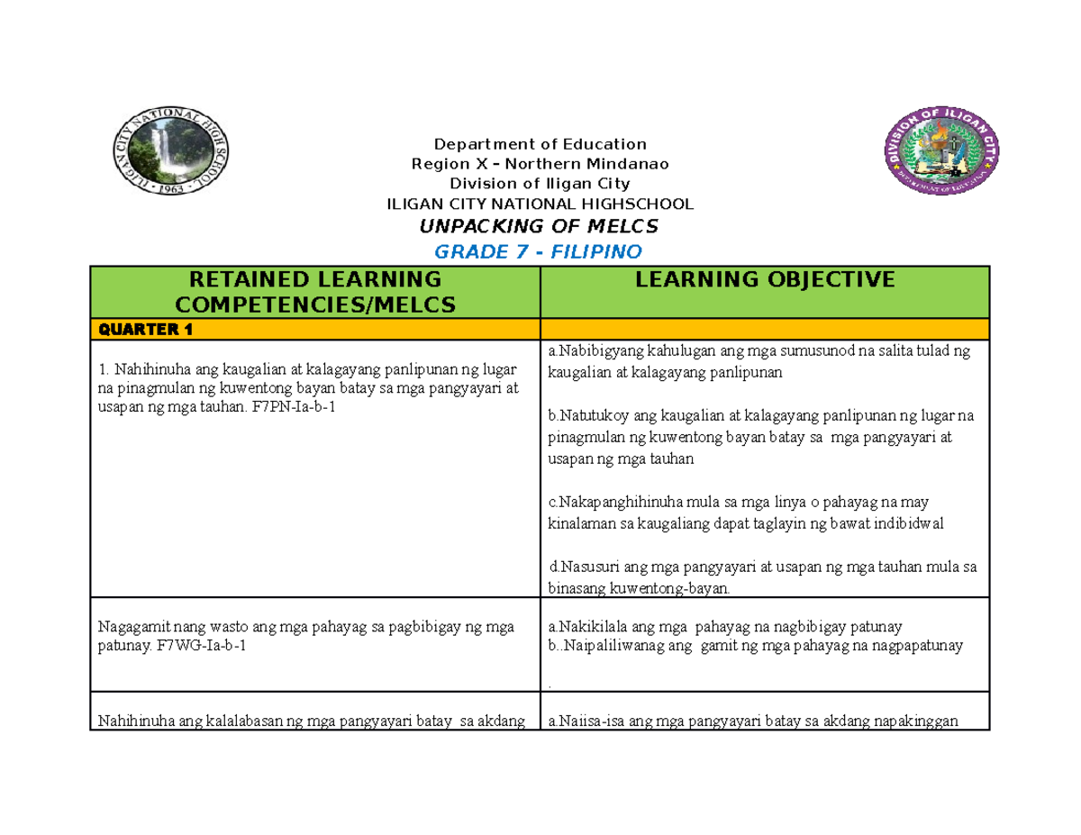 Unpacking MELCS for Filipino 7: Quarter 1-4 Learning Objectives - Studocu