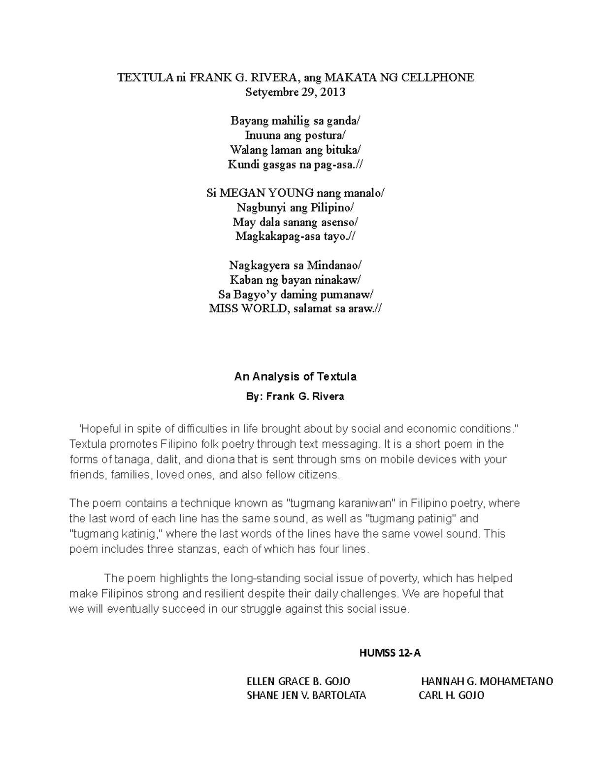Textula ni Frank G - Poem Analysis (HUMSS 12-A) - Studocu