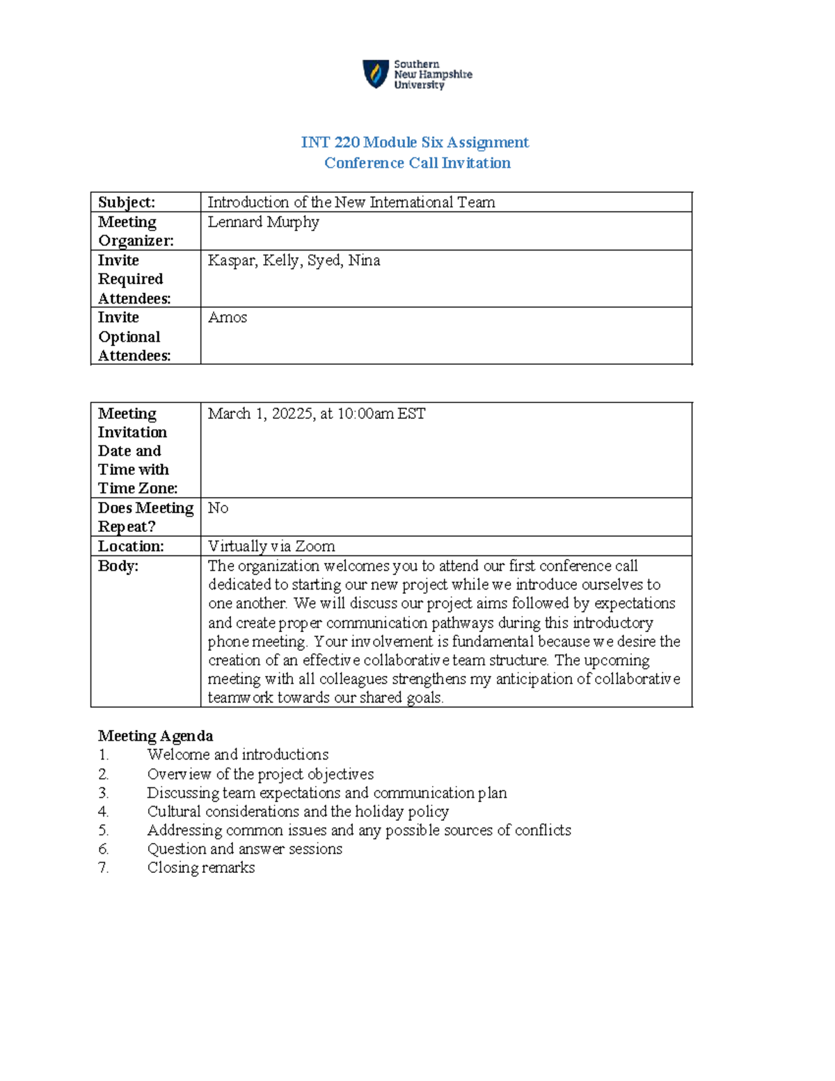 INT 220 Module 6 Assignment: Conference Call Invitation - Studocu