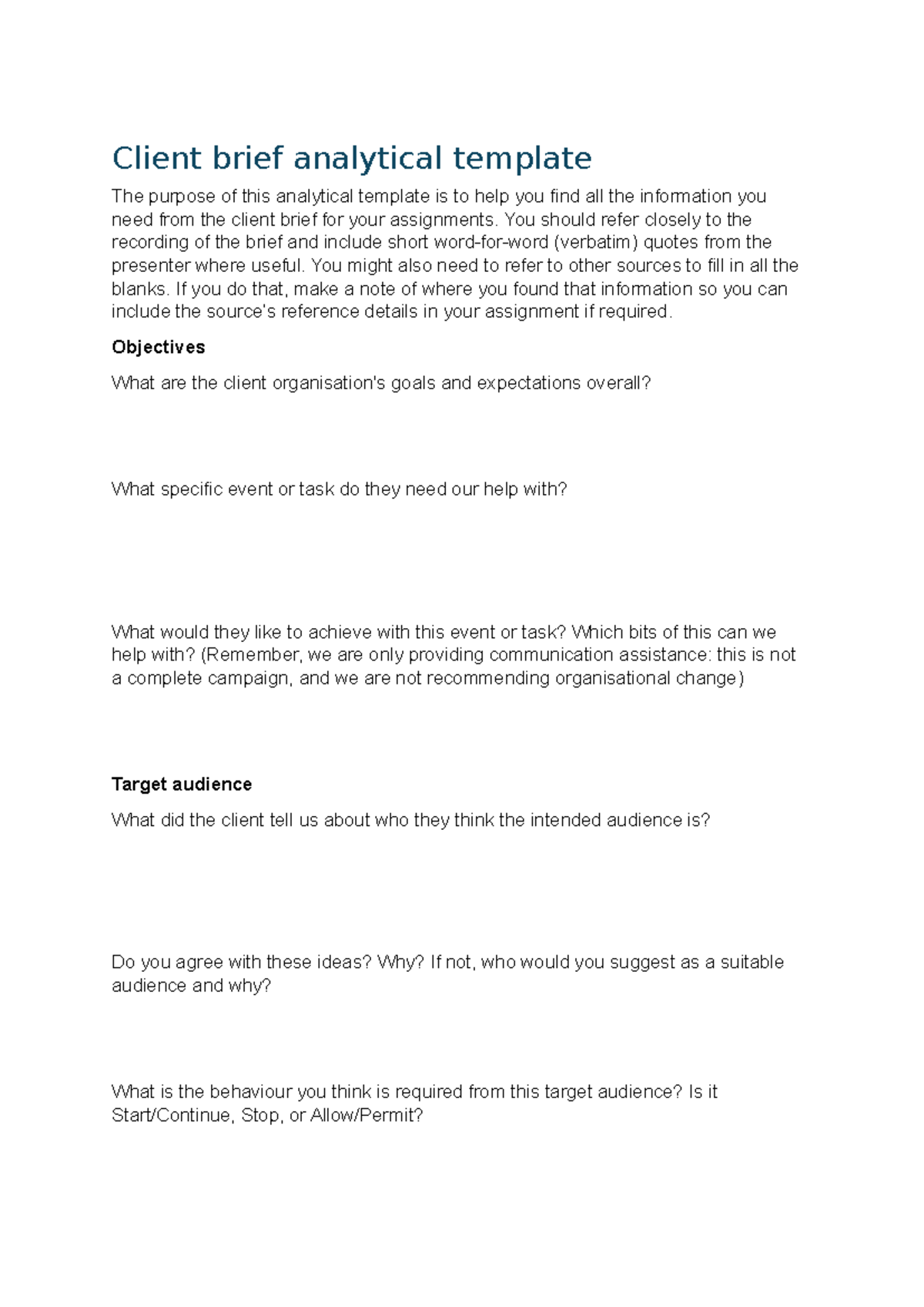 AMB164 Client Brief Analytical Template for Assignments - Studocu