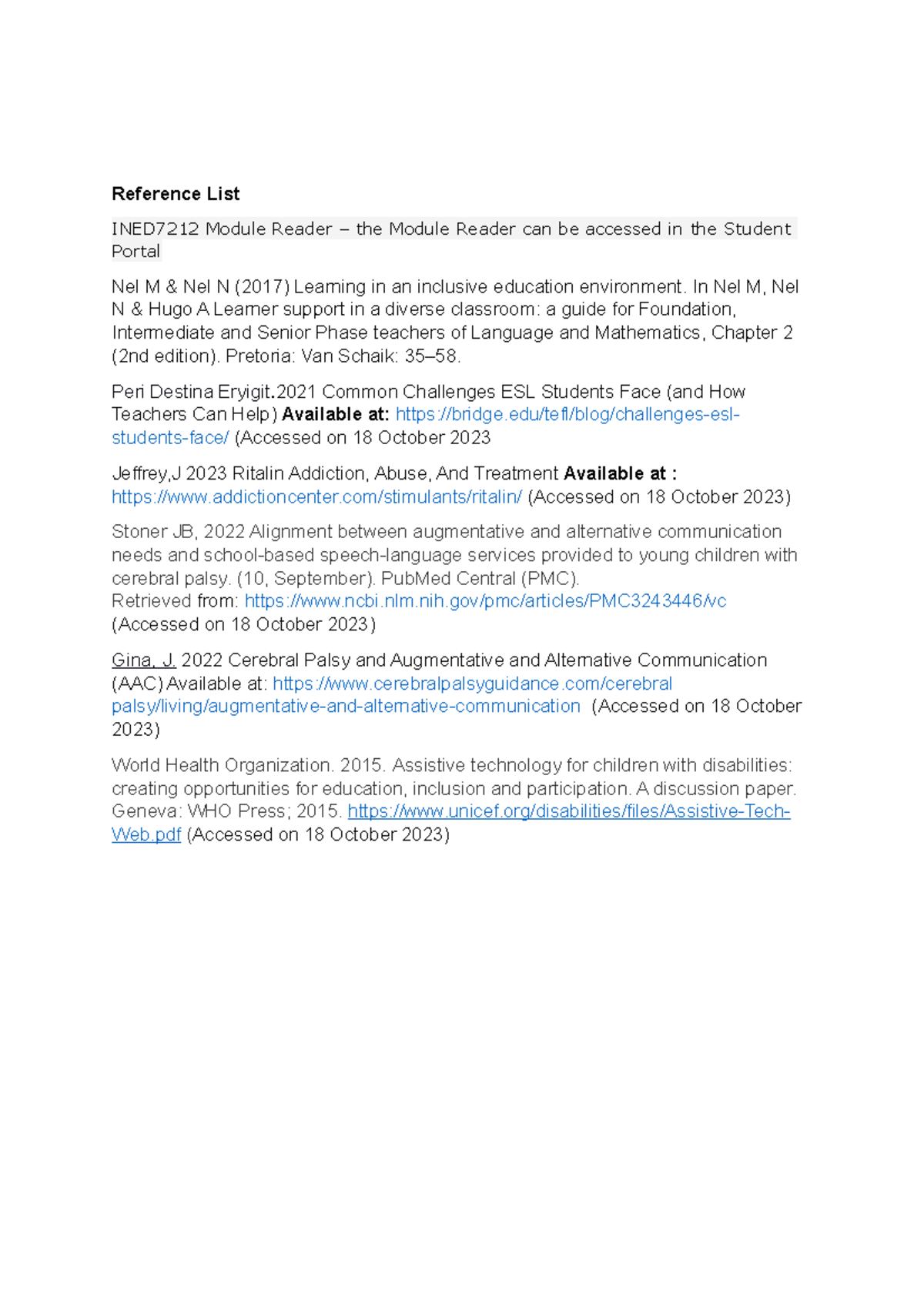 Reference List - Reference List INED7212 Module Reader – the Module ...