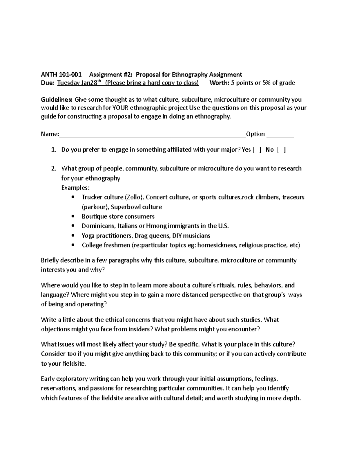 ANTH 101 Ethnography Proposal Assignment Guidelines and Tips - Studocu
