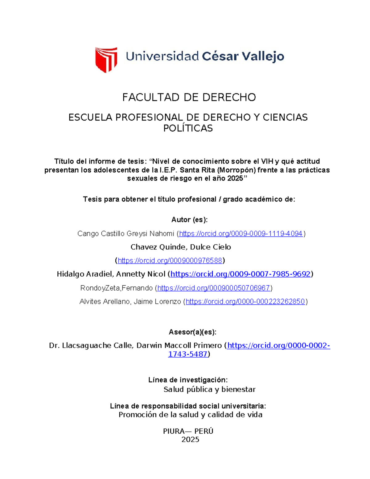 Tesis sobre Conocimiento y Actitudes frente al VIH en Adolescentes ...