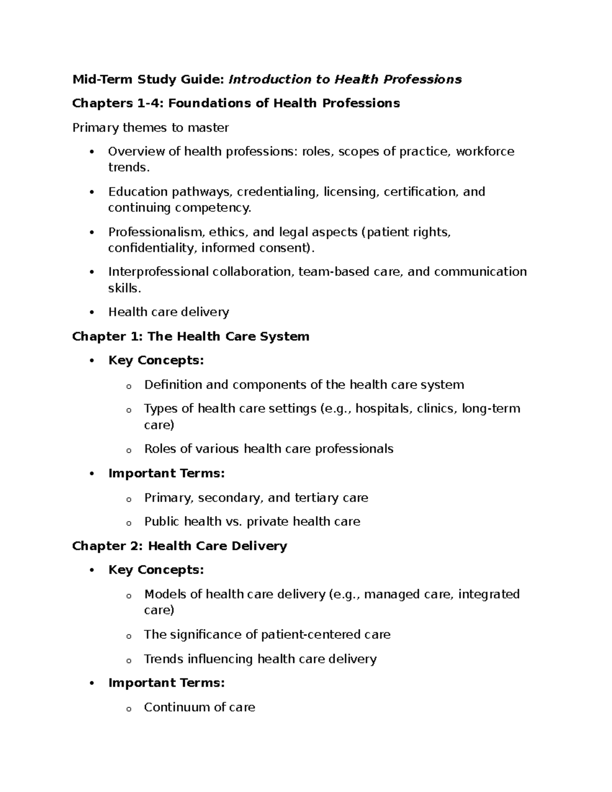Mid-Term Study Guide: Intro to Health Professions (Ch. 1-4) - Studocu