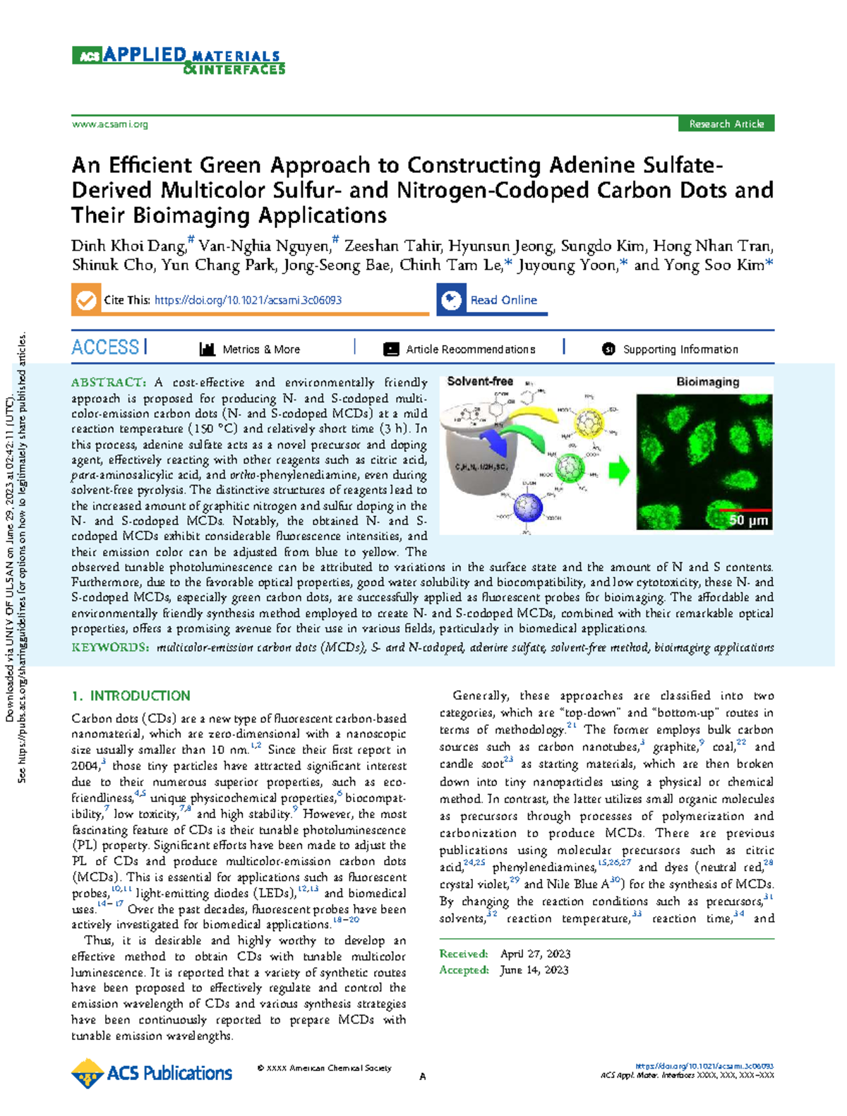 Acsami - Green Synthesis of Multicolor Carbon Dots for Bioimaging - Studocu